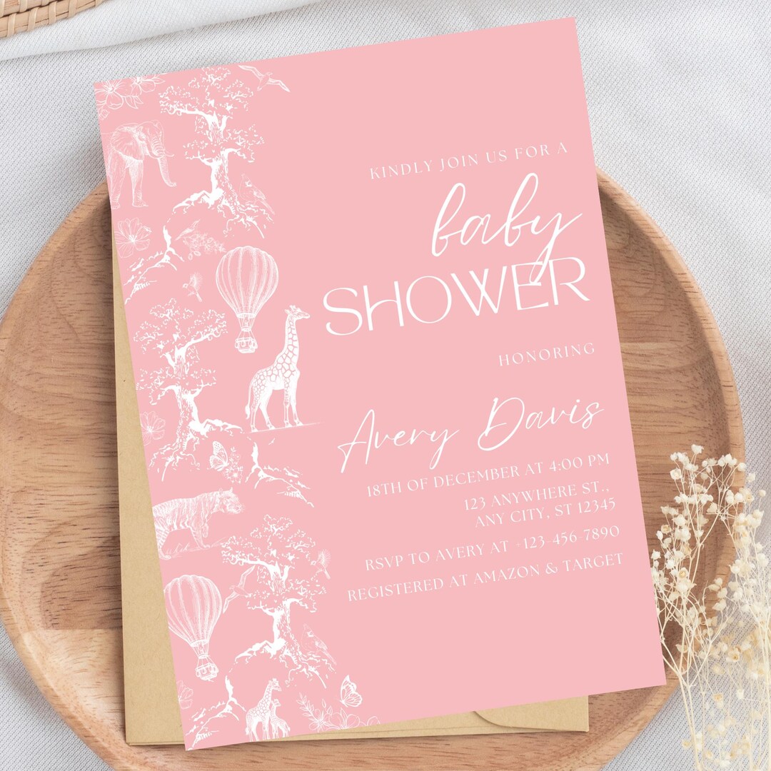 Toile De Jouy Baby Shower Invitation Pink Baby Shower Invite Safari ...
