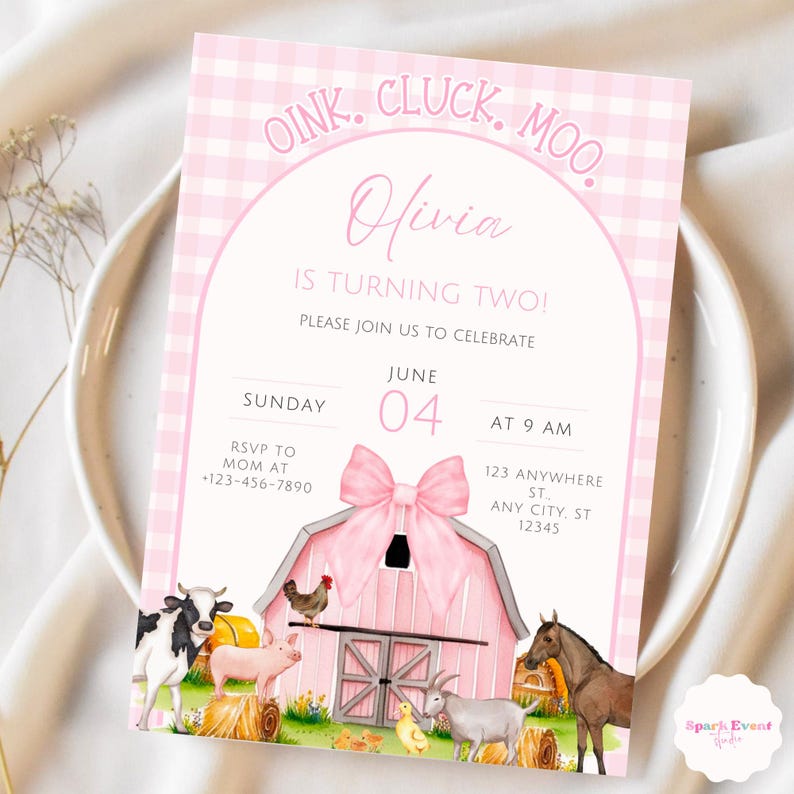 Editable Pink Farm Birthday Invitation Girl Farm Animals Party Pink ...
