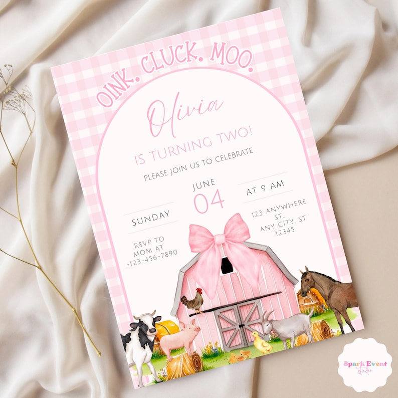 Editable Pink Farm Birthday Invitation Girl Farm Animals Party Pink ...