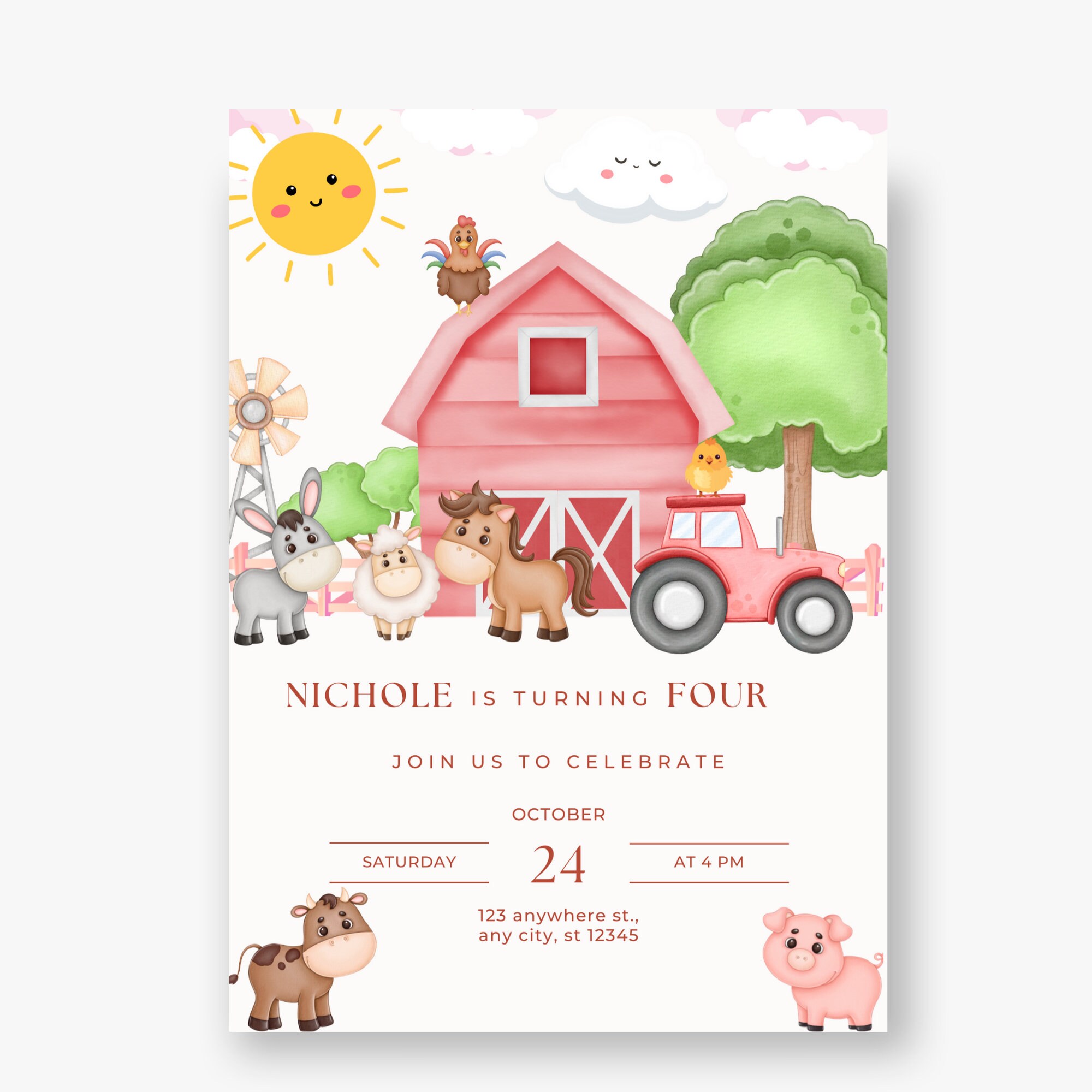 Farm Birthday Party Invitation Farm Animals Birthday Invite Pink Barn ...