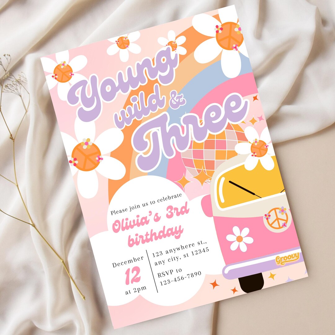 Groovy 3rd Birthday Invitation Editable Template, Young Wild and Three ...