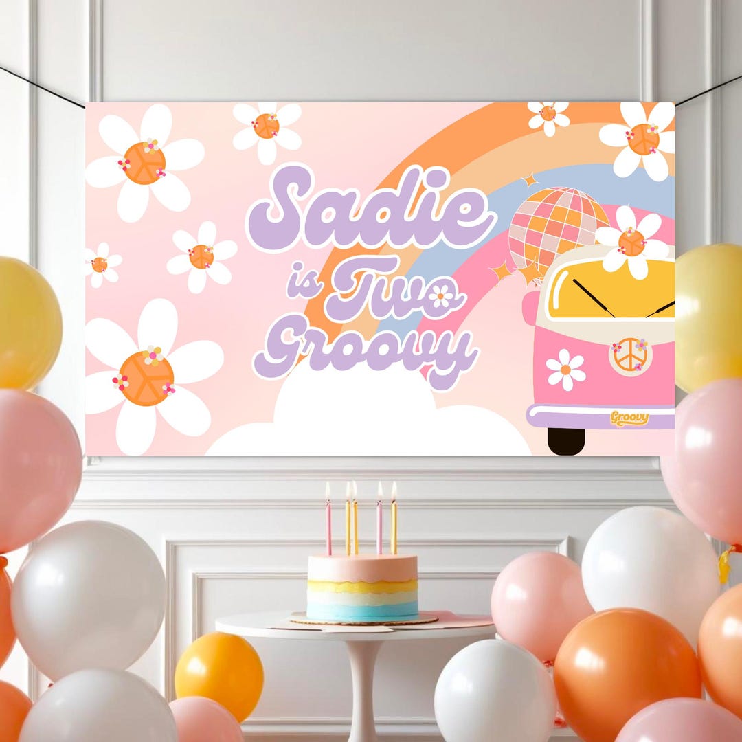 Groovy Birthday Banner Two Groovy Birthday Party Groovy Backdrop Boho ...