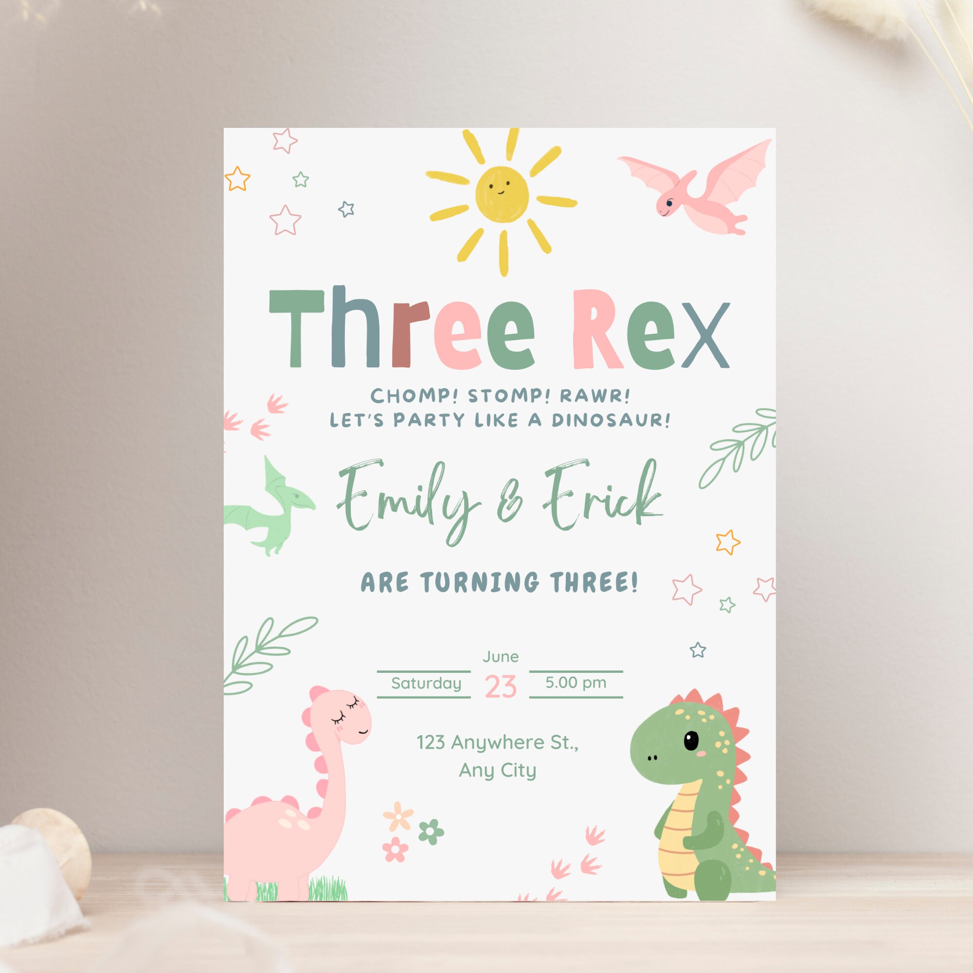 Dinosaur Twin Birthday Party Invitation Dinosaur Twin Three Rex Two Rex ...