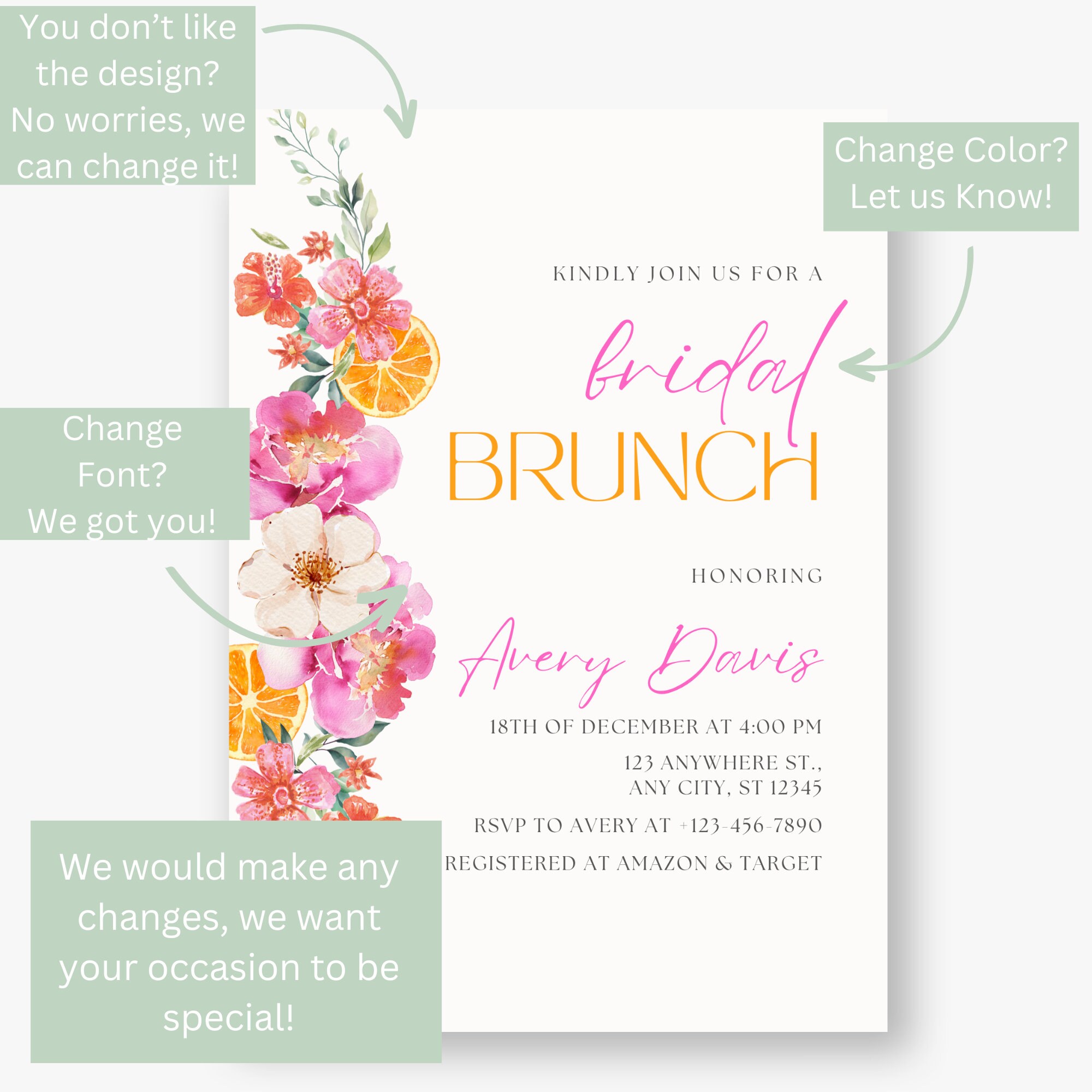 Citrus Bridal Shower Invitation Orange Bridal Brunch Bright Floral ...