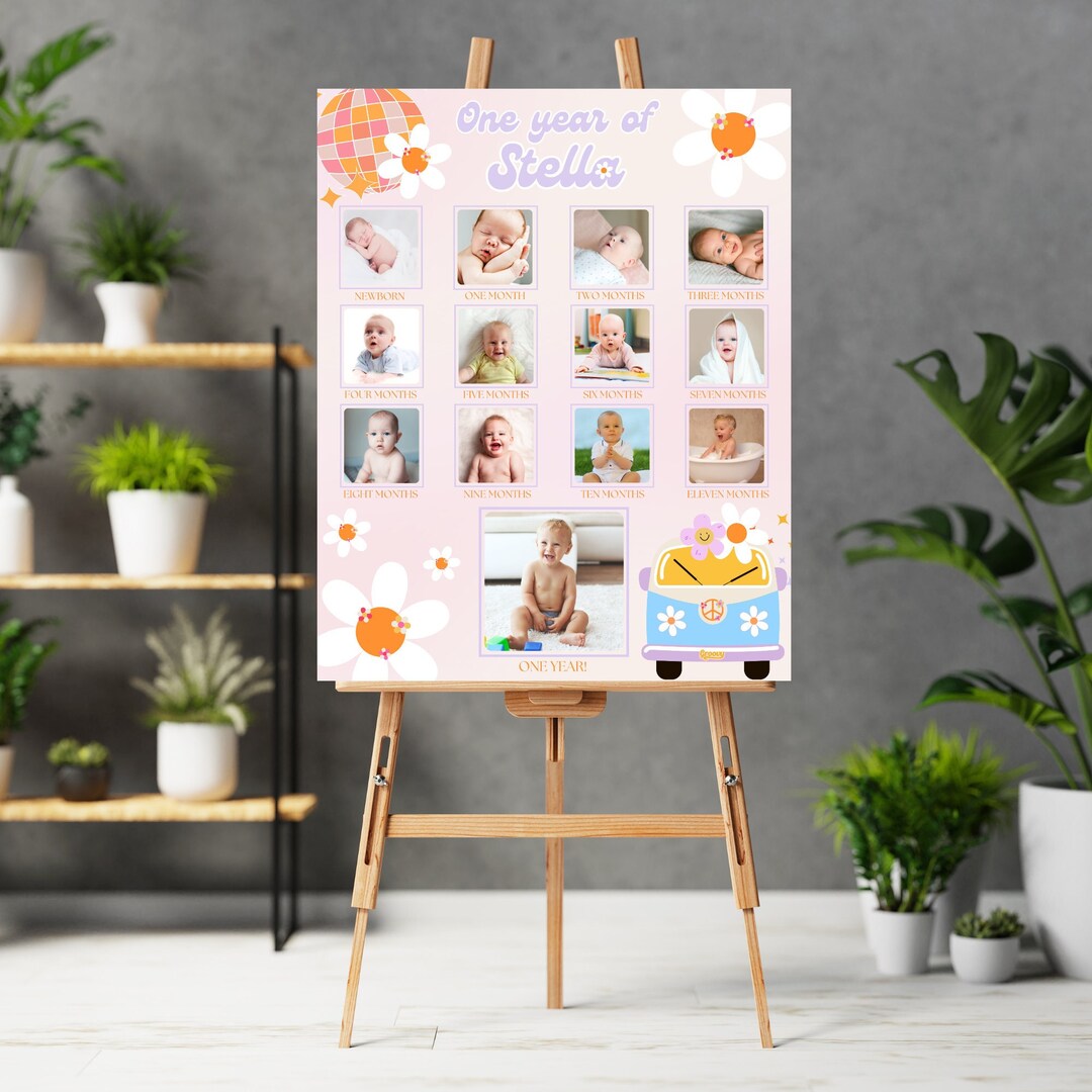 Groovy First Year Photo Poster Groovy Birthday Party Photo Collage Boho ...