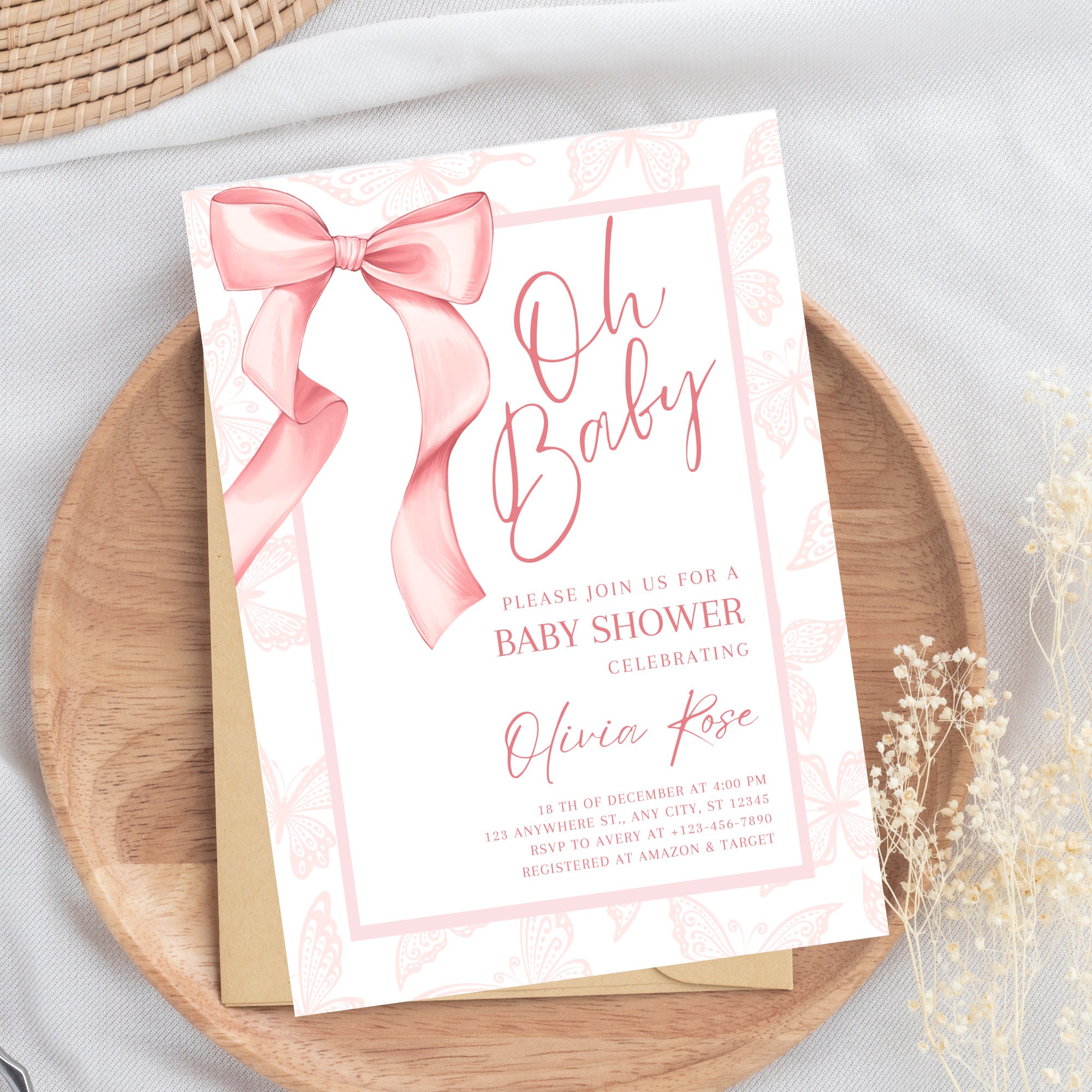 Bow Baby Shower Invitation Ribbon Editable Invite Butterfly Baby Shower ...