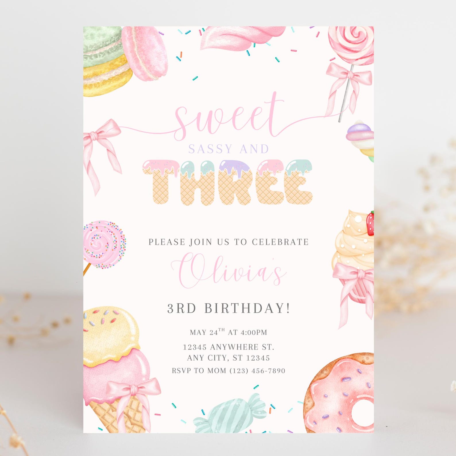 Sweet Sassy and Three Birthday Invitation Girl Third Birthday Dessert ...