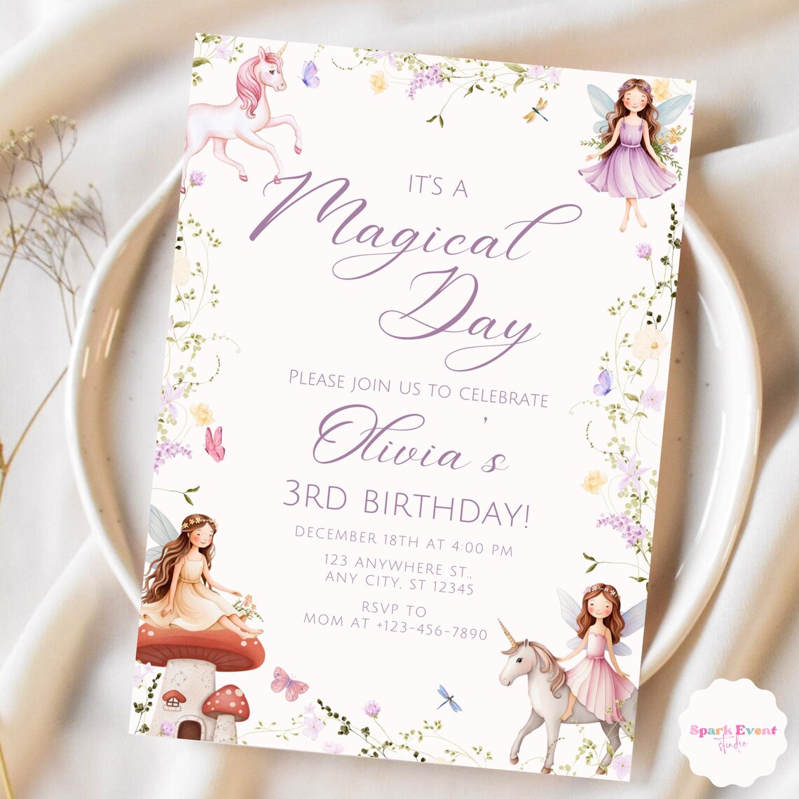 Editable Enchanted Unicorn Fairy Birthday Invitation Magical Garden ...