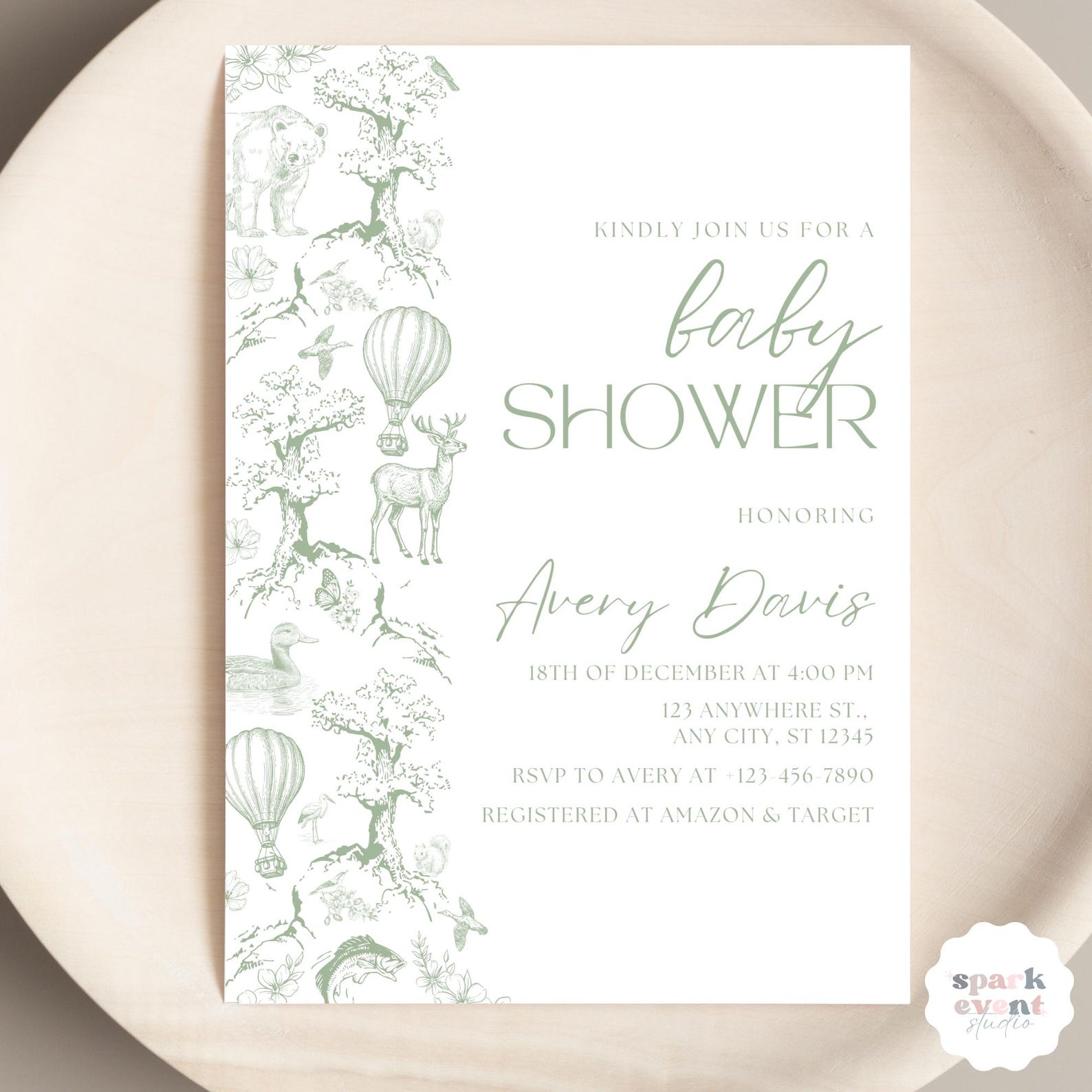 Toile De Jouy Baby Shower Invitation Sage Green Baby Shower Invite ...