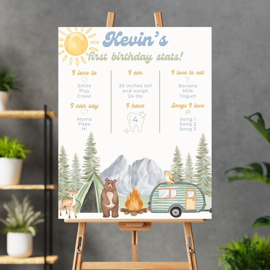 ONE Happy Camper First Birthday Poster First Birthday Stats Camping ...