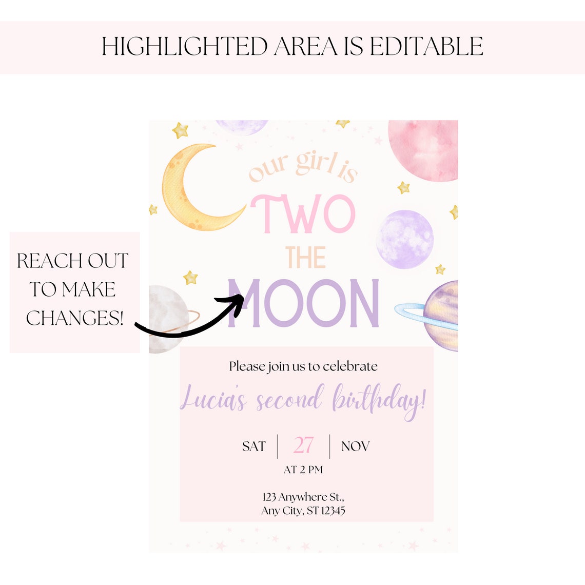 Two the Moon Birthday Invitation Girl Space Birthday Two the Moon Party ...