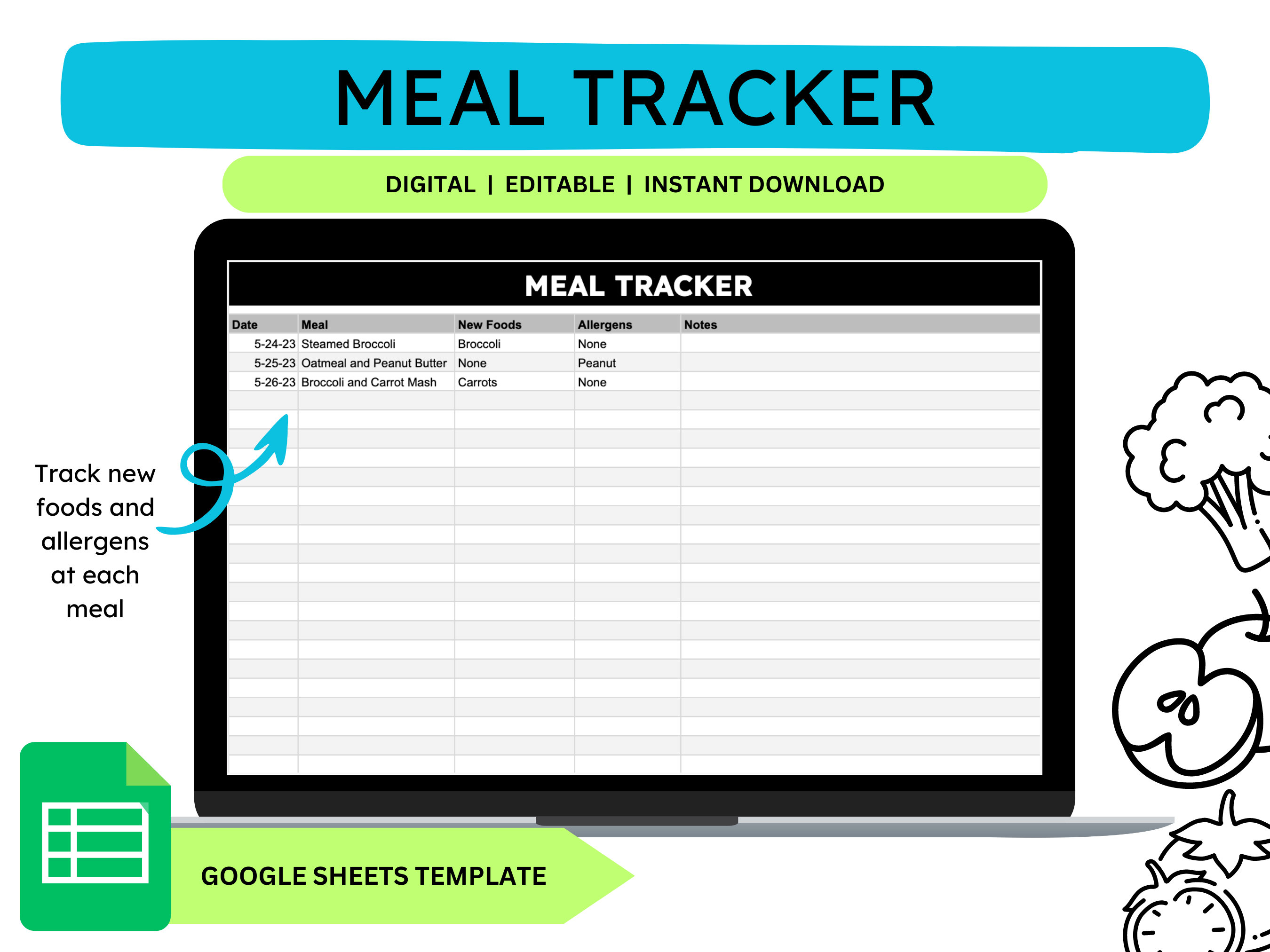 Baby's First Food Tracker Google Sheets, Baby Led Weaning, BLW, Baby ...