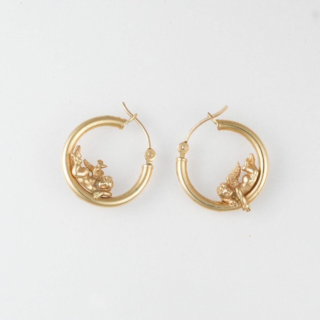 Peter Brams PBD 14K Gold Cherub Angel Hoop Earrings Hollow Hoop Solid ...