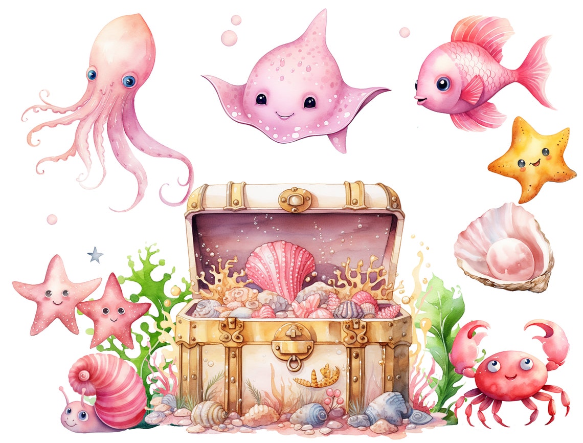 Under the Sea Watercolor Clipart in PINK Ver, Nautical Collection ...