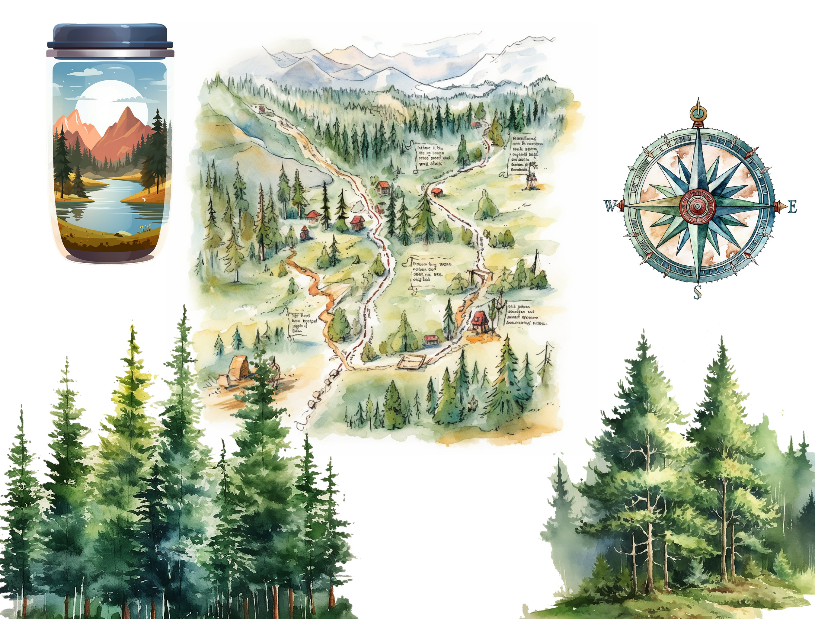 Camping Watercolor Clipart Bundle, Nature Scene, Backpack, Tent, Animal ...