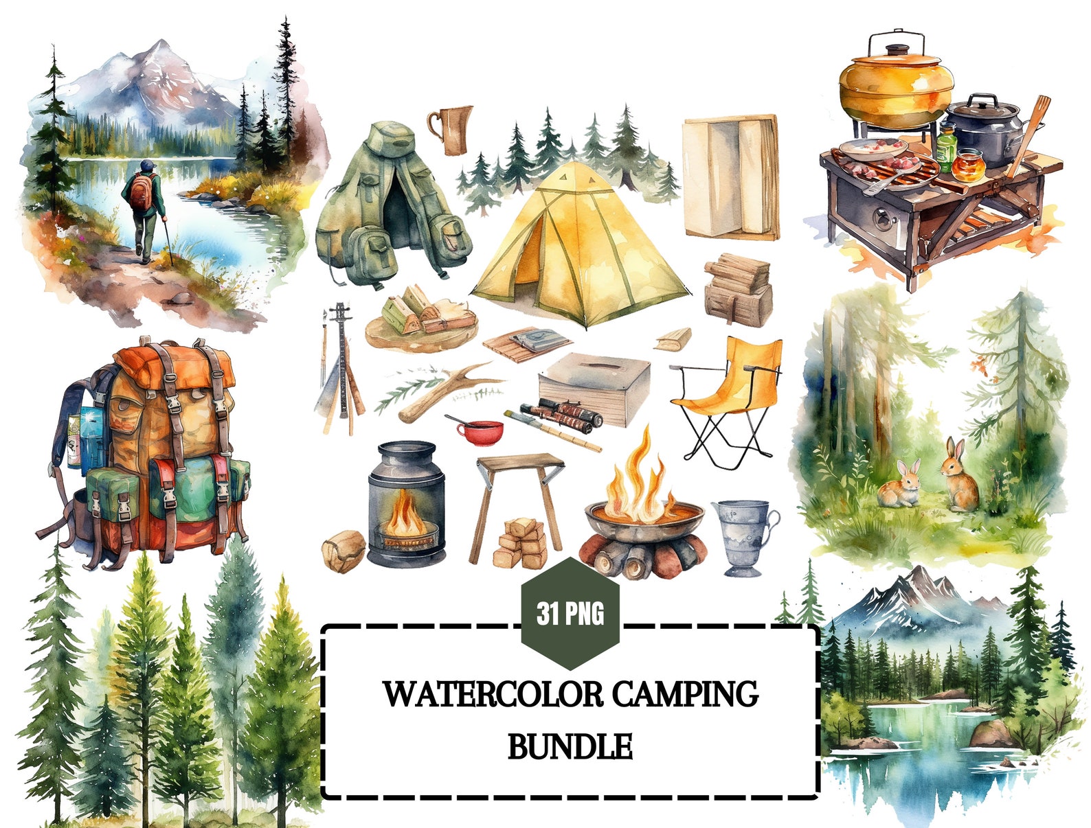 Camping Watercolor Clipart Bundle, Nature Scene, Backpack, Tent, Animal ...