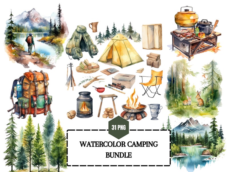 Camping Watercolor Clipart Bundle, Nature Scene, Backpack, Tent, Animal ...