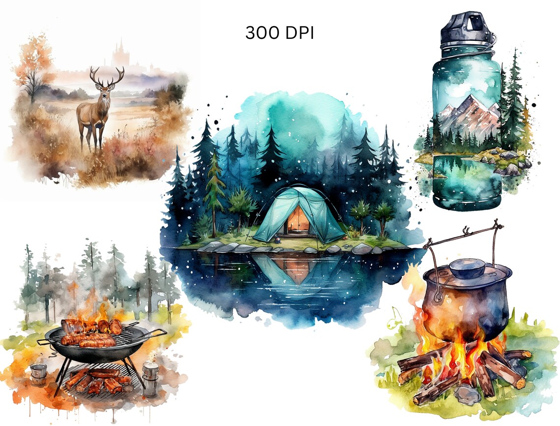 Camping Watercolor Clipart Bundle, Nature Scene, Backpack, Tent, Animal ...