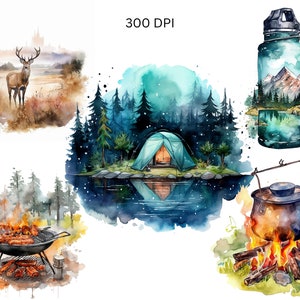 Camping Watercolor Clipart Bundle, Nature Scene, Backpack, Tent, Animal ...