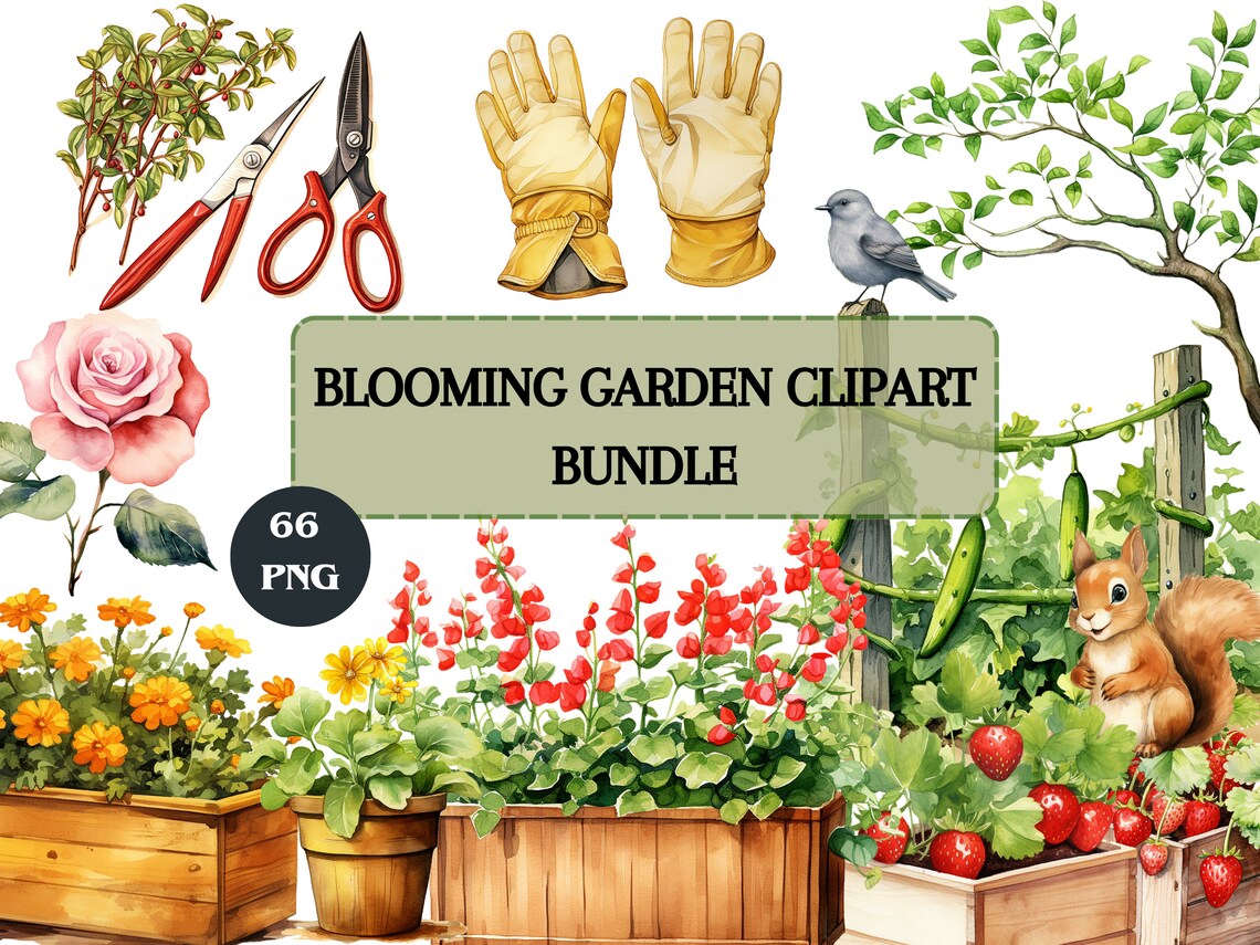 Blooming Garden Watercolor Clipart Bundle, 66 Pngs of Flowers, Plants ...