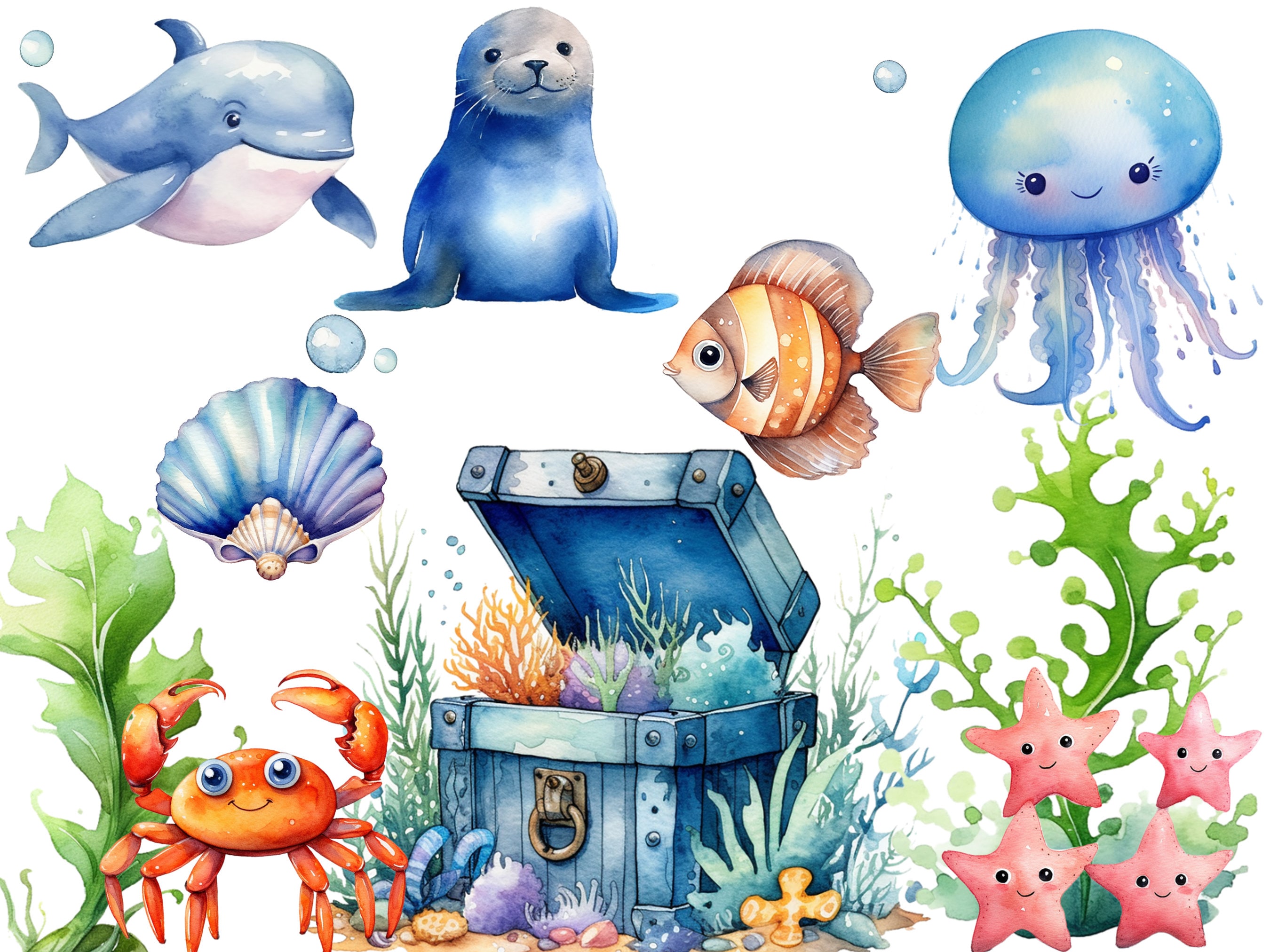 Under the Sea Clipart Watercolor, Nautical Collection, Nursery Decor ...