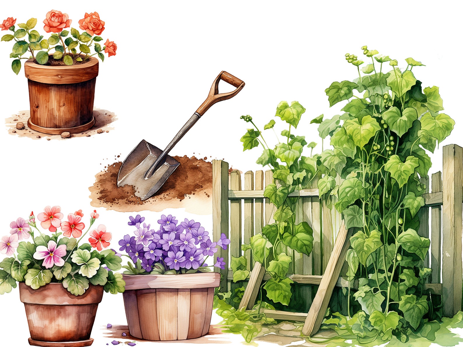 Blooming Garden Watercolor Clipart Bundle, 66 Pngs of Flowers, Plants ...