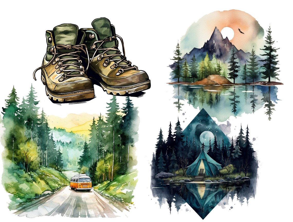 Camping Watercolor Clipart Bundle, Nature Scene, Backpack, Tent, Animal ...