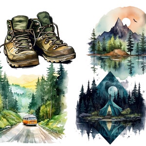 Camping Watercolor Clipart Bundle, Nature Scene, Backpack, Tent, Animal ...