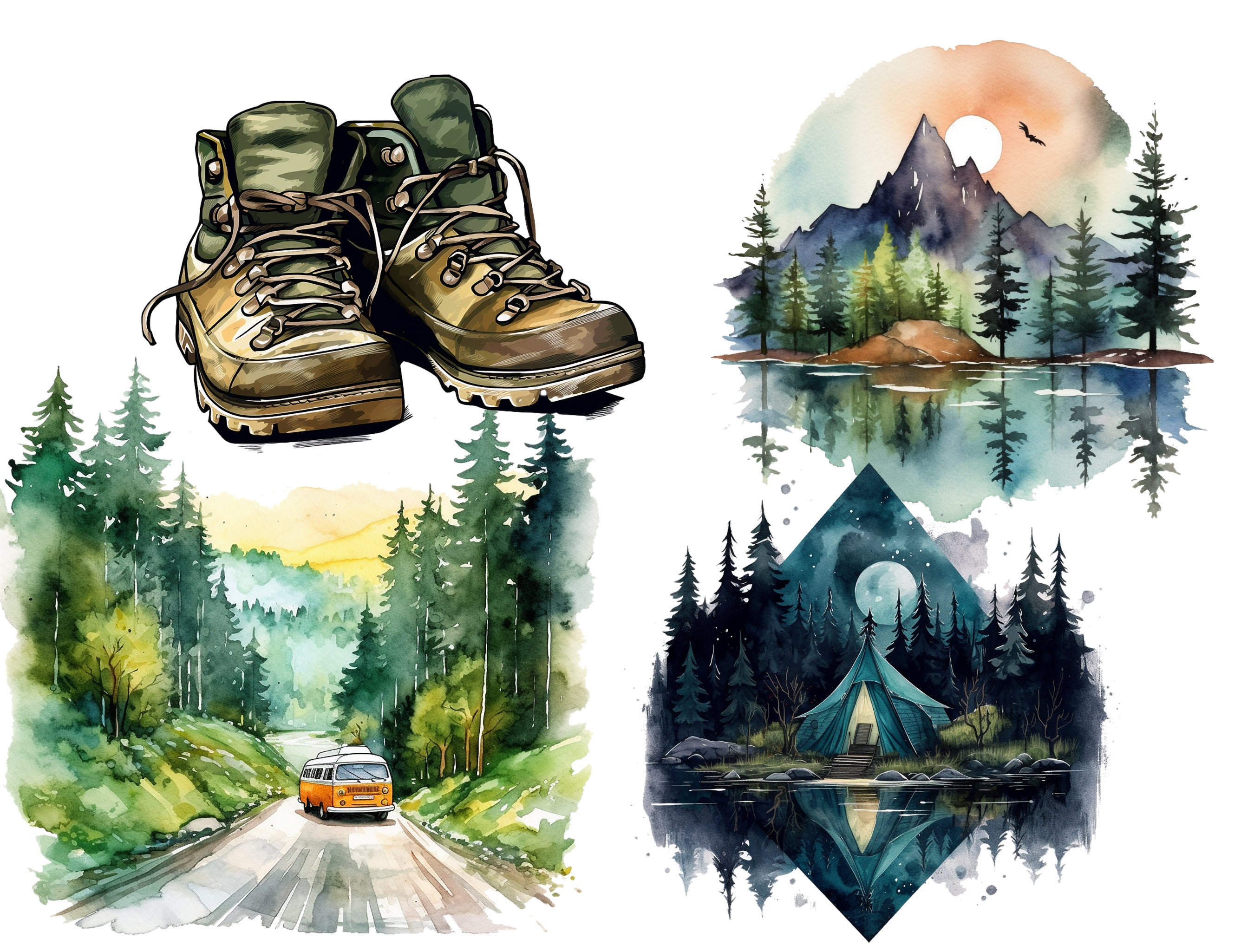 Camping Watercolor Clipart Bundle, Nature Scene, Backpack, Tent, Animal ...