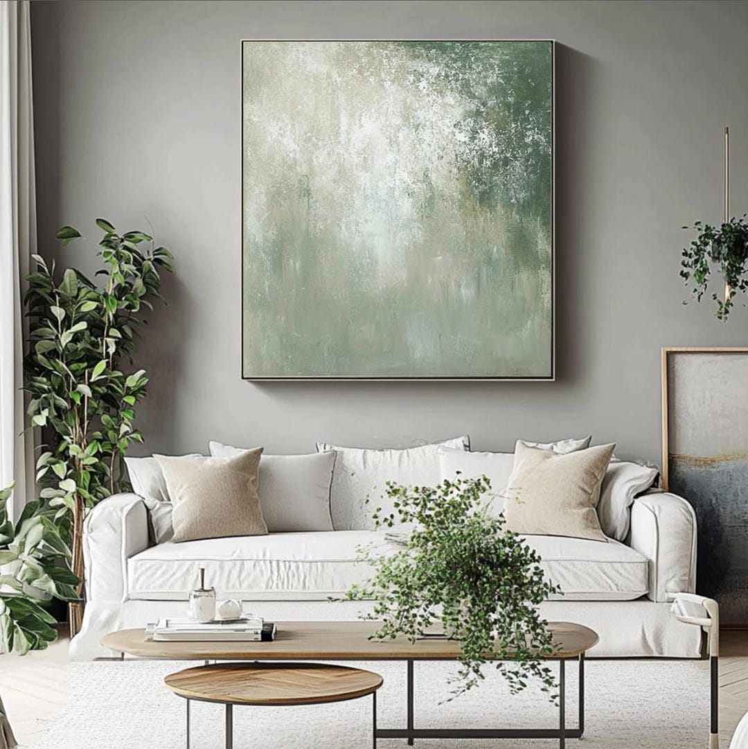Sage Green Canvas Wall Art, Statement Square Hand Painting, Abstract ...