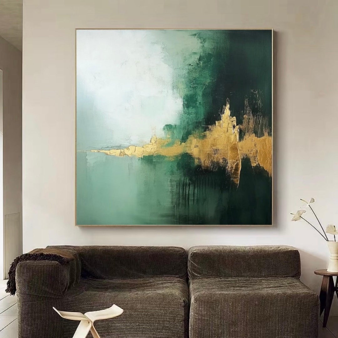 Green and Gold Minimalist Oil Painting, Green and Gold Abstract Canvas ...