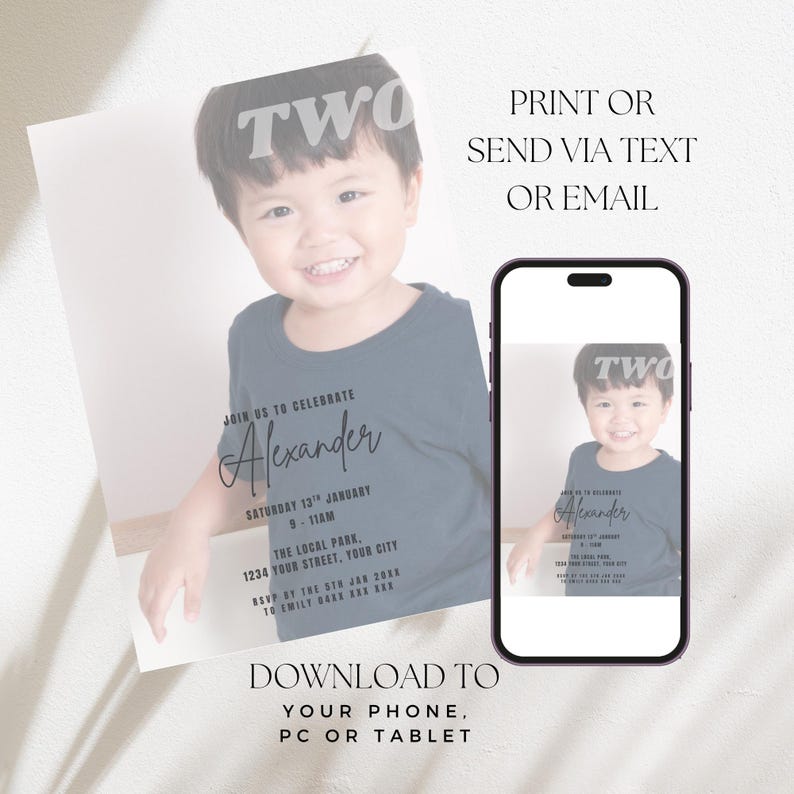 Editable 2nd Birthday Invitation, Minimalist Boho Invite With Photo ...