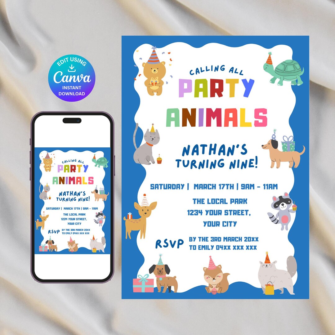 9th Birthday Party Animals Invitation, Blue Bday Invite, Cute Animal ...