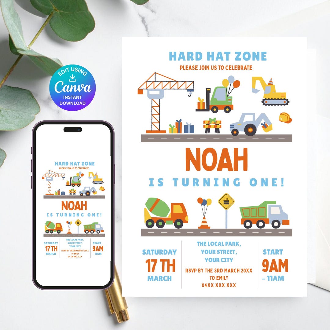 1st Construction Birthday Party Invitation, Hard Hat First Bday Invite ...