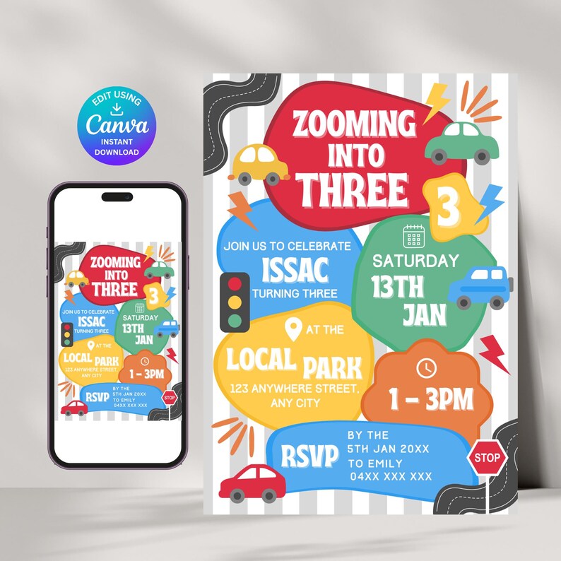 Zooming Into Three Birthday Invitation, Race Car 3rd Invite, Third Lap ...