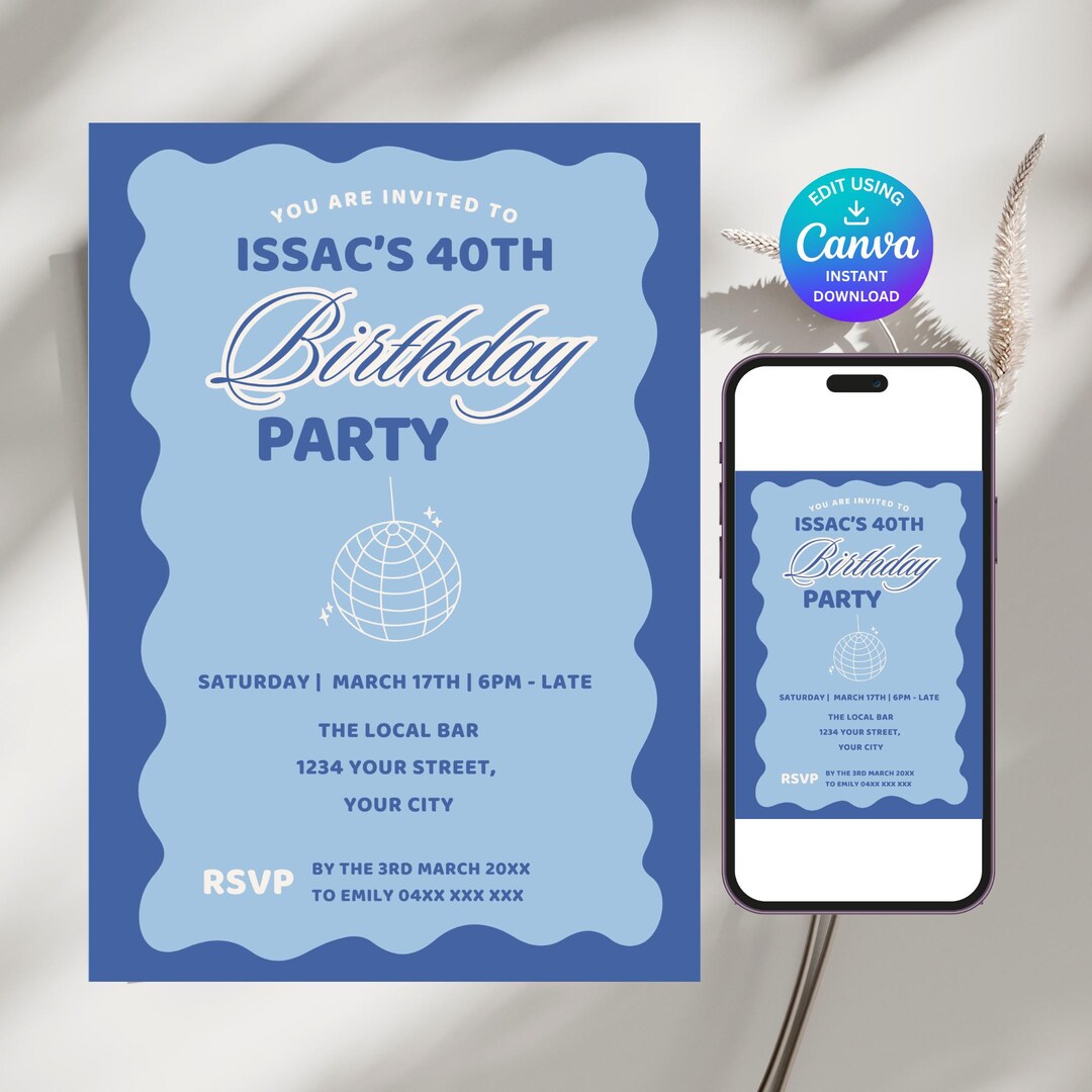 40th Birthday Retro Wavy Border Invitation, Blue Boy Man Milestone ...