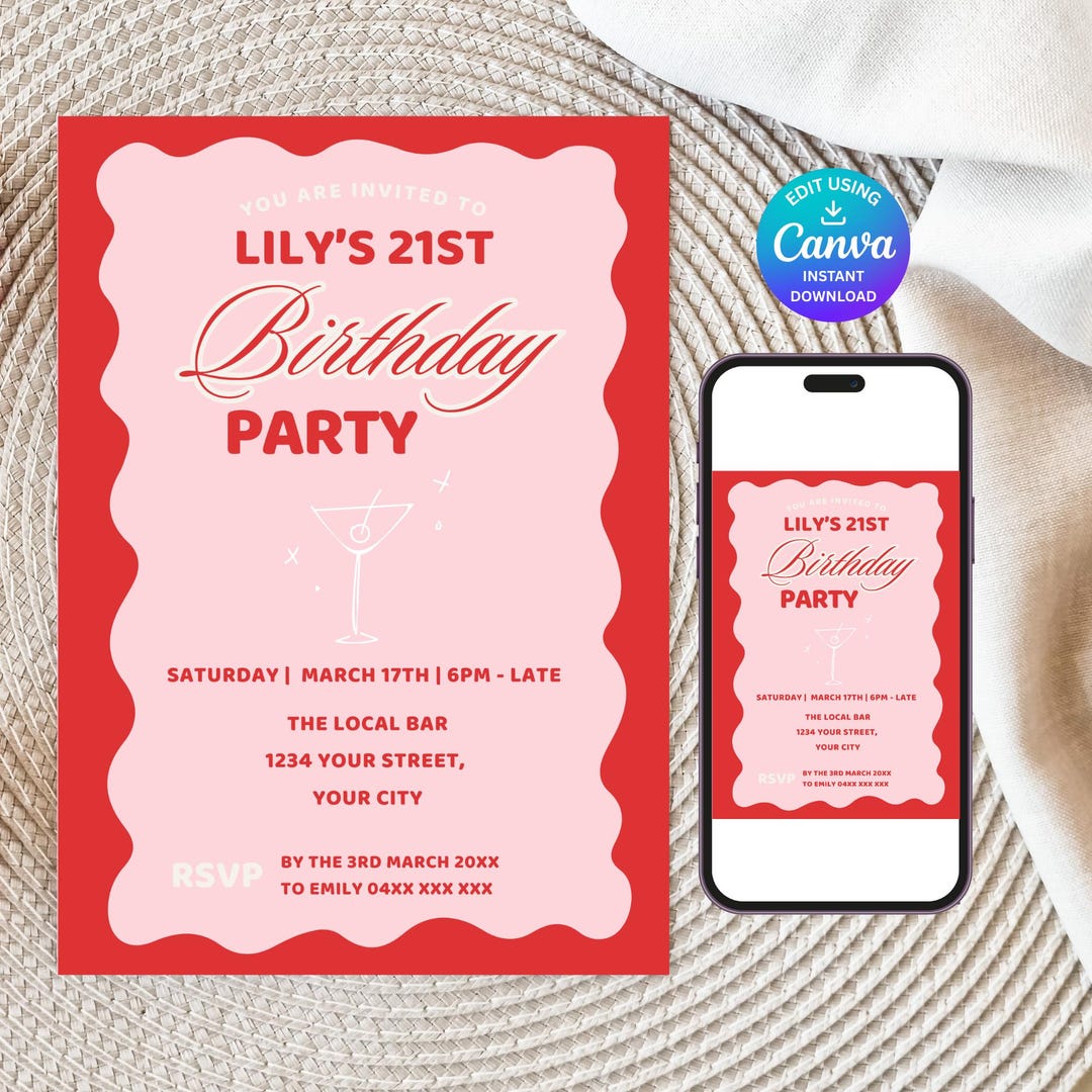 21st Birthday Scalloped Border Invitation, Pink Red Retro, Milestone ...