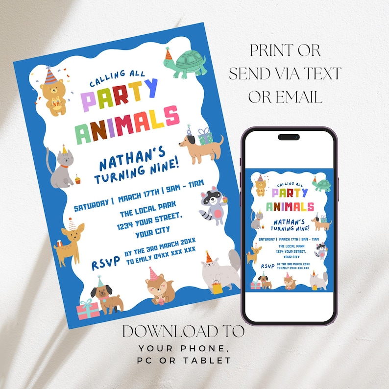 9th Birthday Party Animals Invitation, Blue Bday Invite, Cute Animal ...