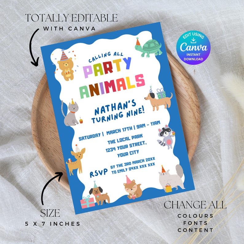 9th Birthday Party Animals Invitation, Blue Bday Invite, Cute Animal ...