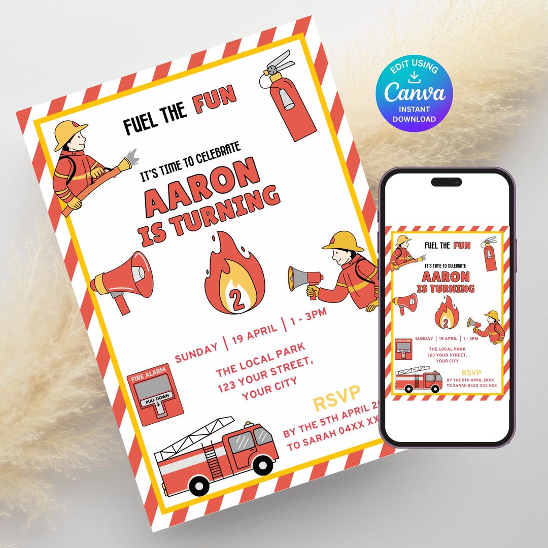 2nd Birthday Fire Truck Invitation, Fire Fighter Kids Party, Fuel the ...