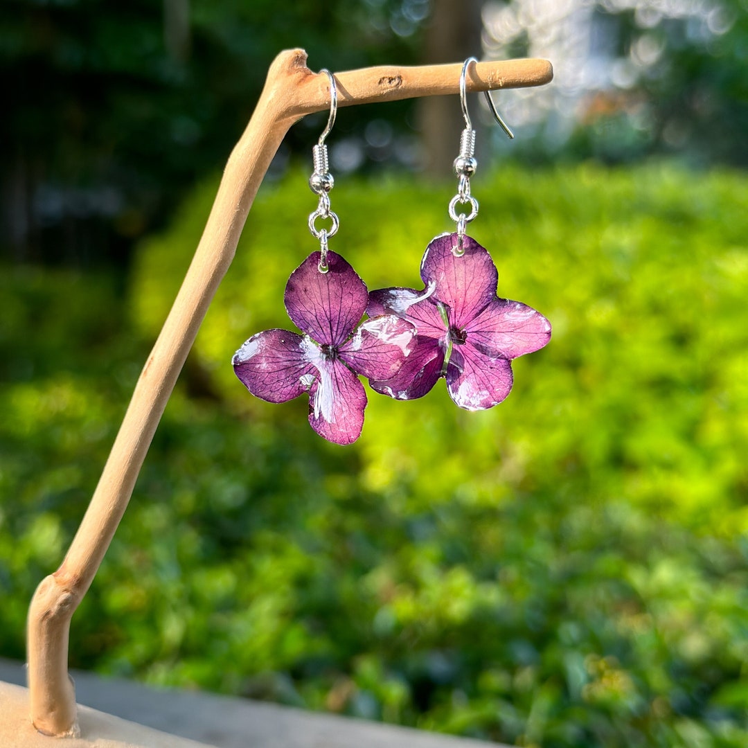 Real Purple Hydrangea Flowers Earrings,pressed Flower Earrings, Purple ...