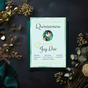 Invitación de quinceañera elegante azul turquesa con foto personalizada ...