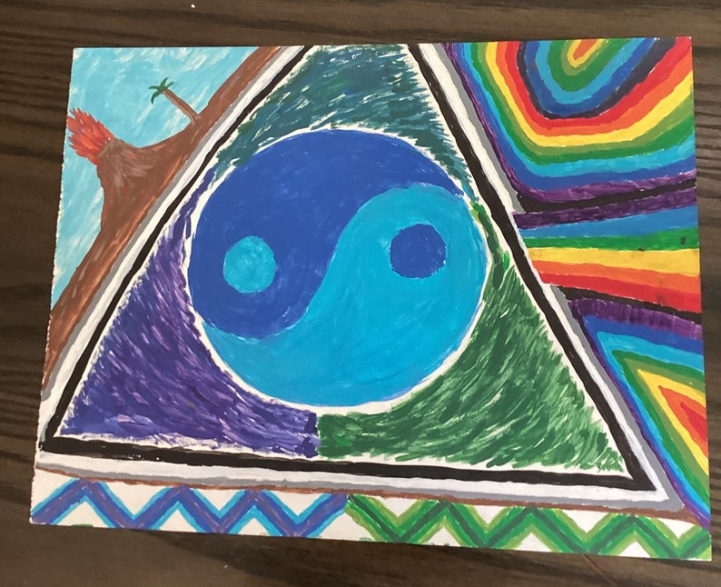 Psychedelic Yin-yang Acrylic Painting. Volcano on the Side. Rainbow on ...