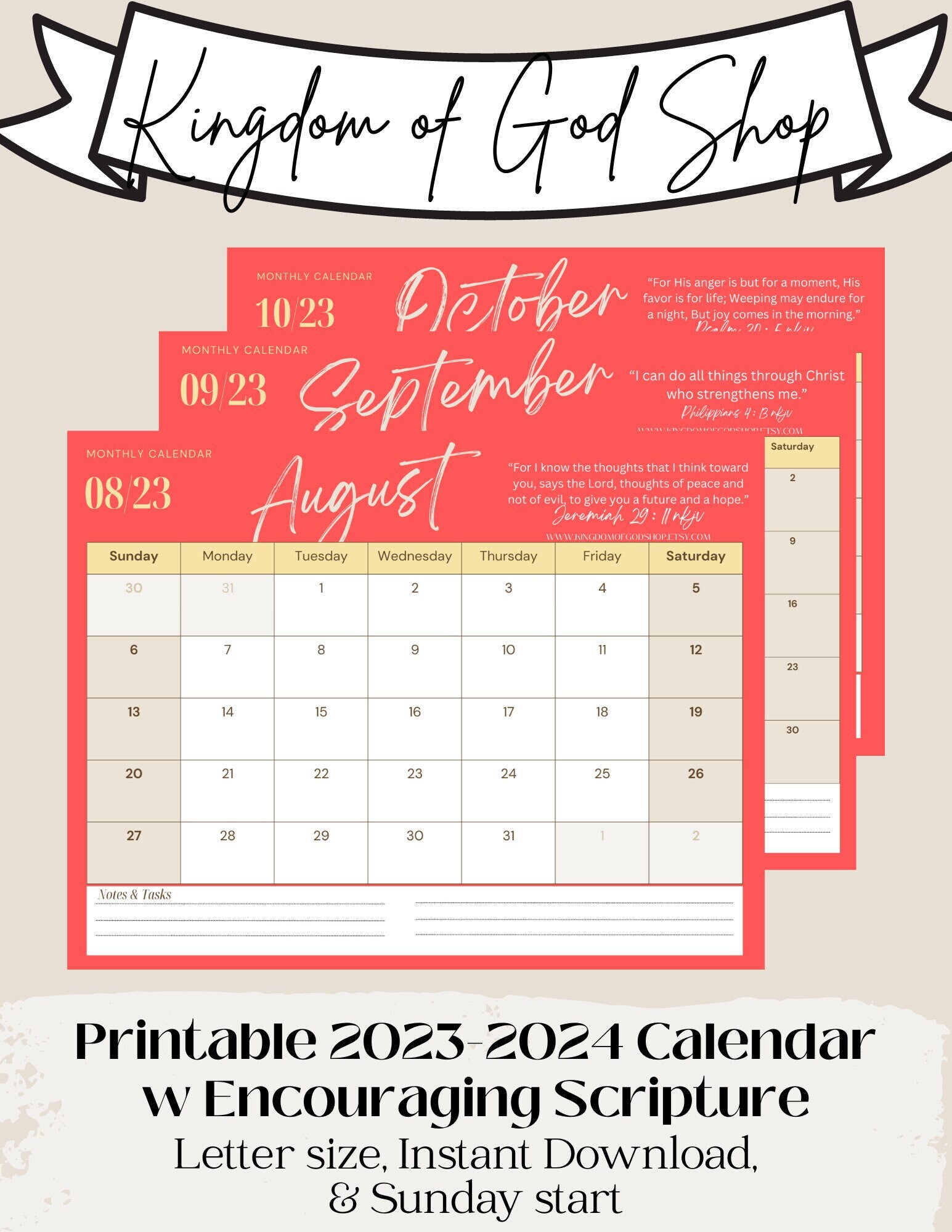 Printable 2023-2024 Monthly Calendar W Scriptures (light Red) - Etsy