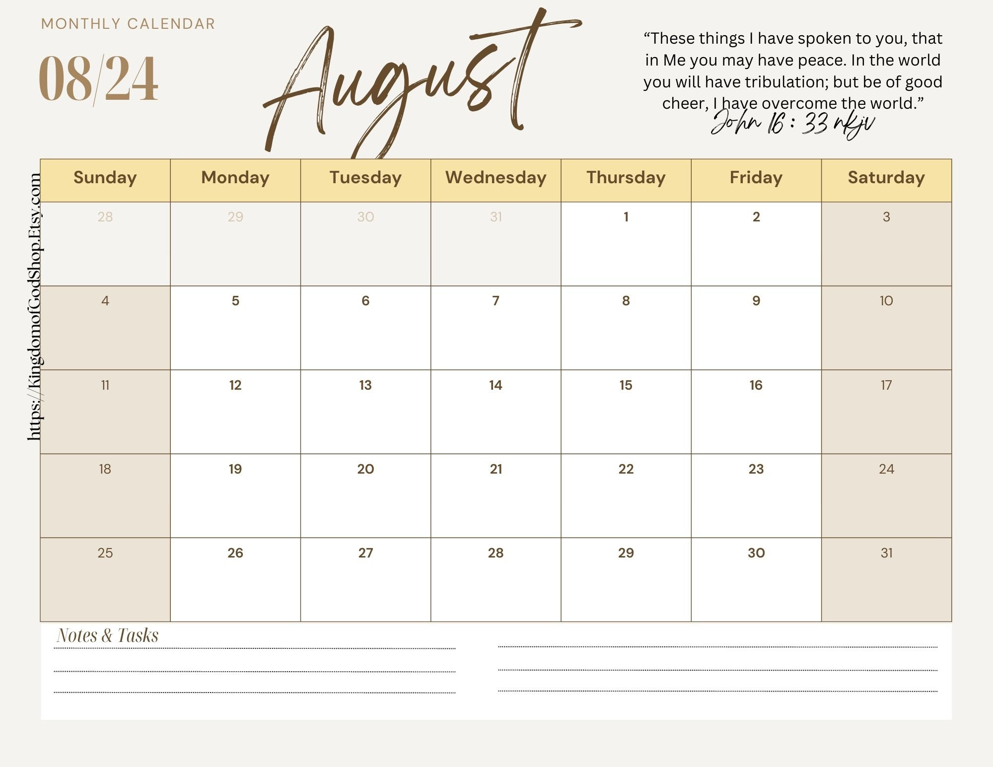 Printable August - December 2024 Minimalist Monthly Calendar With ...
