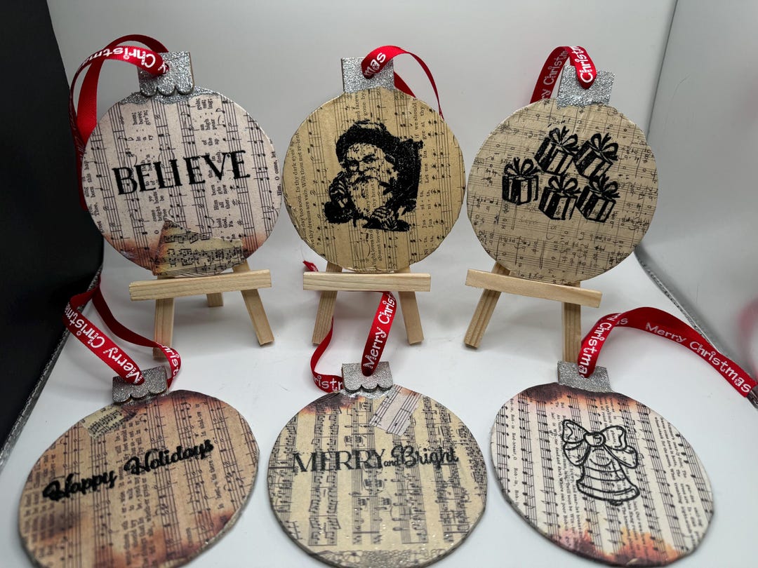 Music Sheet Ornaments, Round Set of 6, Embossed Sentiments, Red and ...