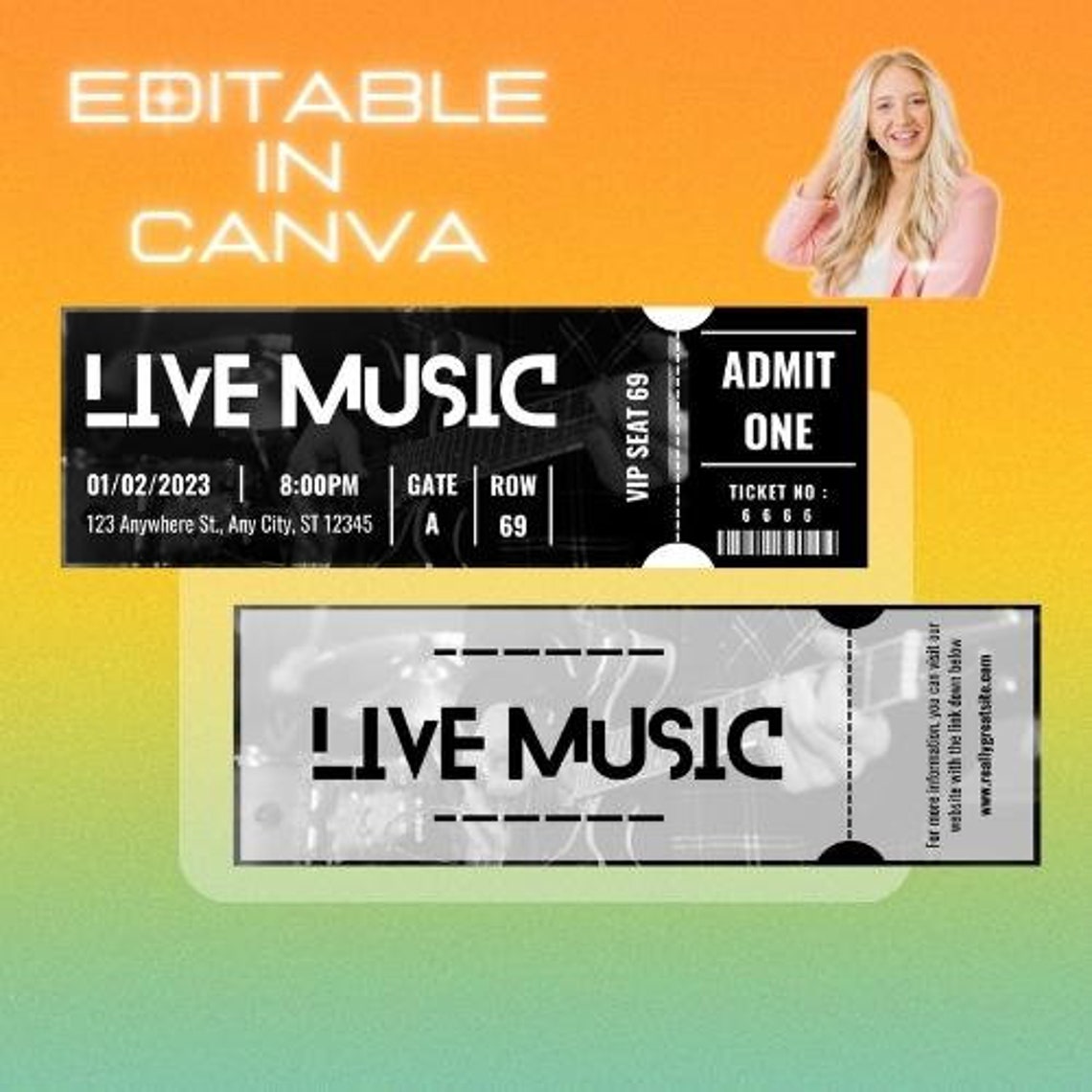 Editable Concert Ticket for Canva Template Printable Event Ticket ...