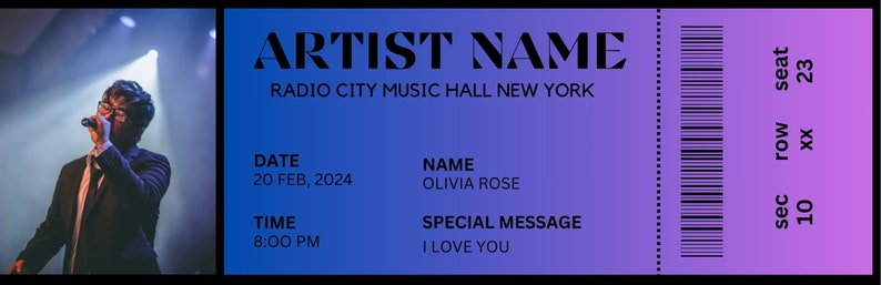 PERSONALIZED Concert Ticket Gift Souvenir Print at Home Email Delivery ...