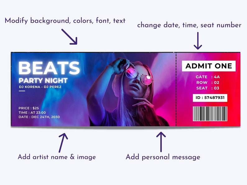 PERSONALIZED Concert Ticket Gift Souvenir Print at Home Email Delivery ...