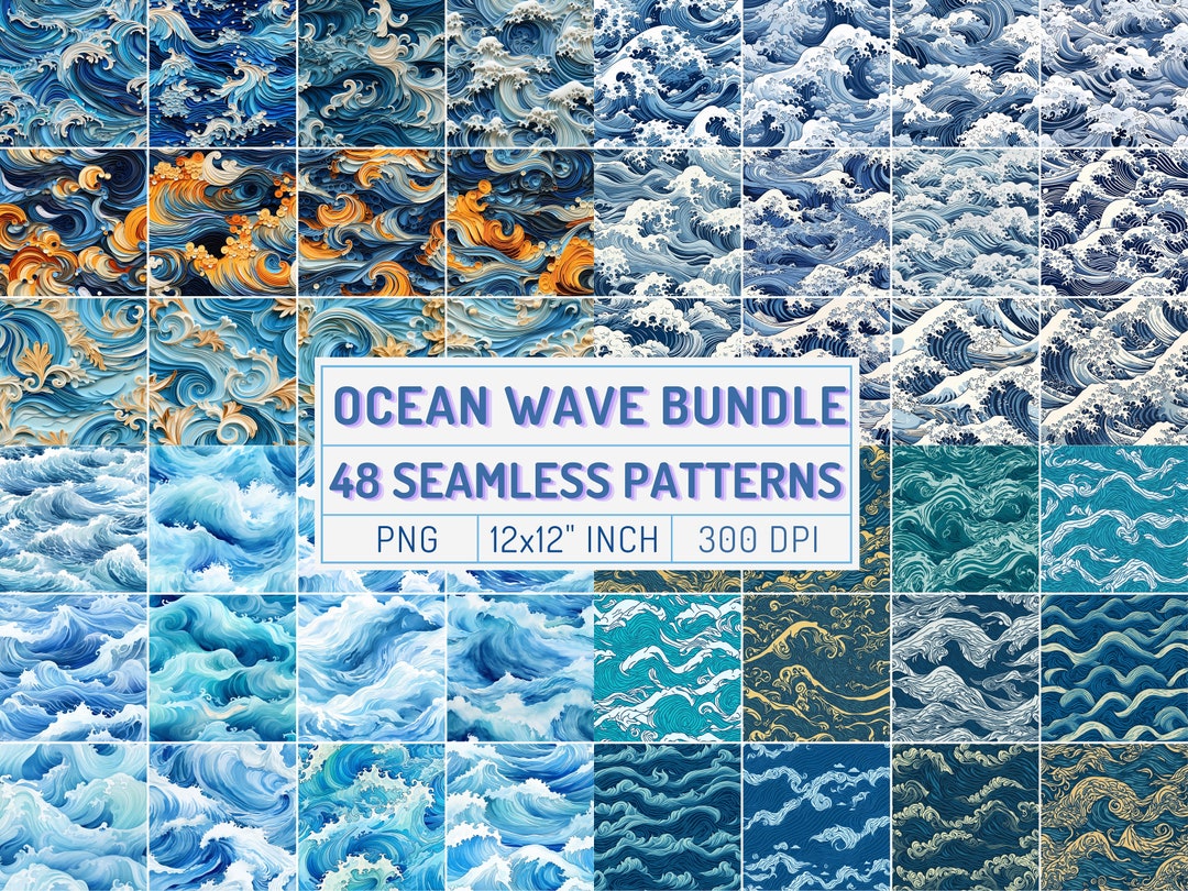 Ocean Wave Seamless Digital Paper PNG 48 Bundle, Scrapbook Paper ...